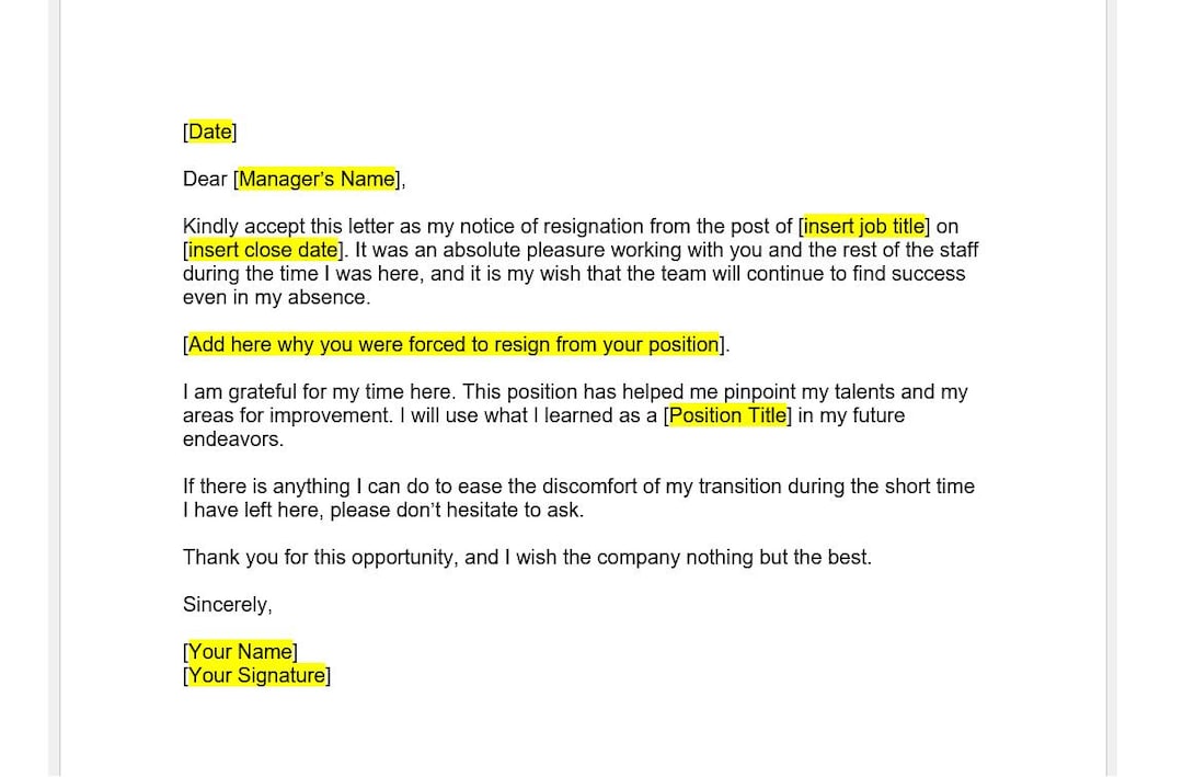 Forced Resignation Letter Template, Resignation Letter, Resignation ...