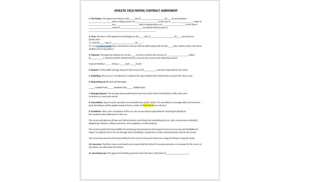 Athletic Field Agreement, Athletic Field Agreement Template, Editable ...