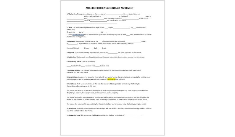 Athletic Field Agreement, Athletic Field Agreement Template, Editable ...