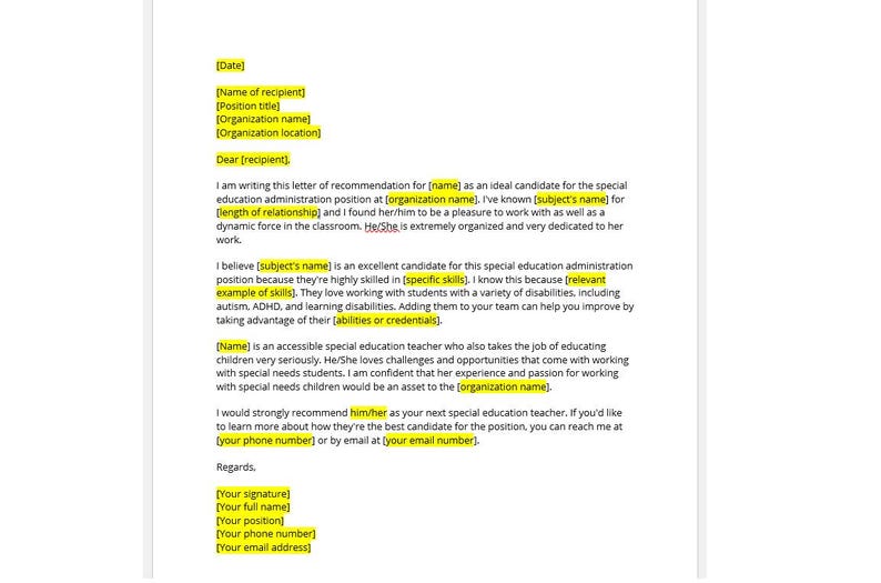 Special Education Administrator Recommendation Letter Template, Special ...