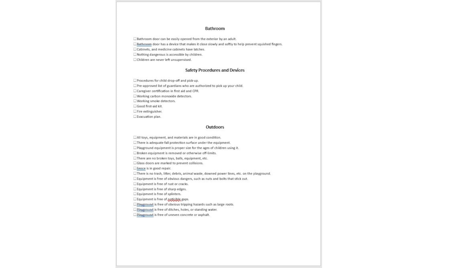 Editable, Daycare Safety Checklist Template, Daycare Checklist, Daily ...