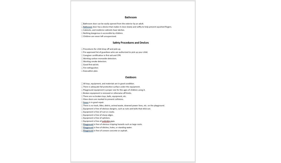 Editable, Daycare Safety Checklist Template, Daycare Checklist, Daily ...