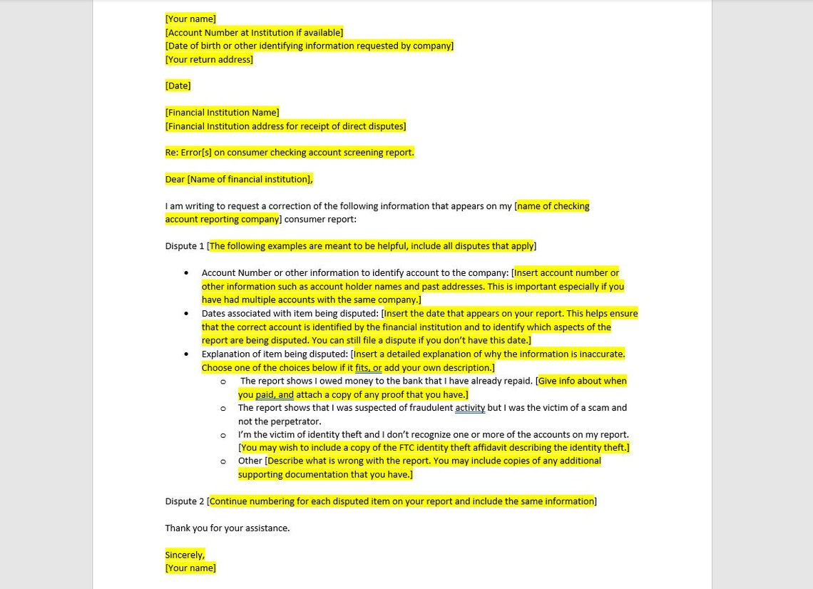 Bank Dispute Letter Template, Bank Dispute Letter, Bank Dispute ...