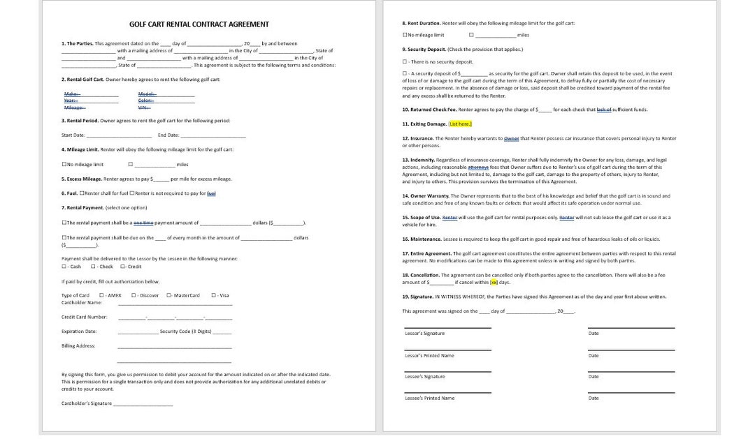 Editable Golf Cart Rental Contract Agreement, Golf Cart Rental Contract ...