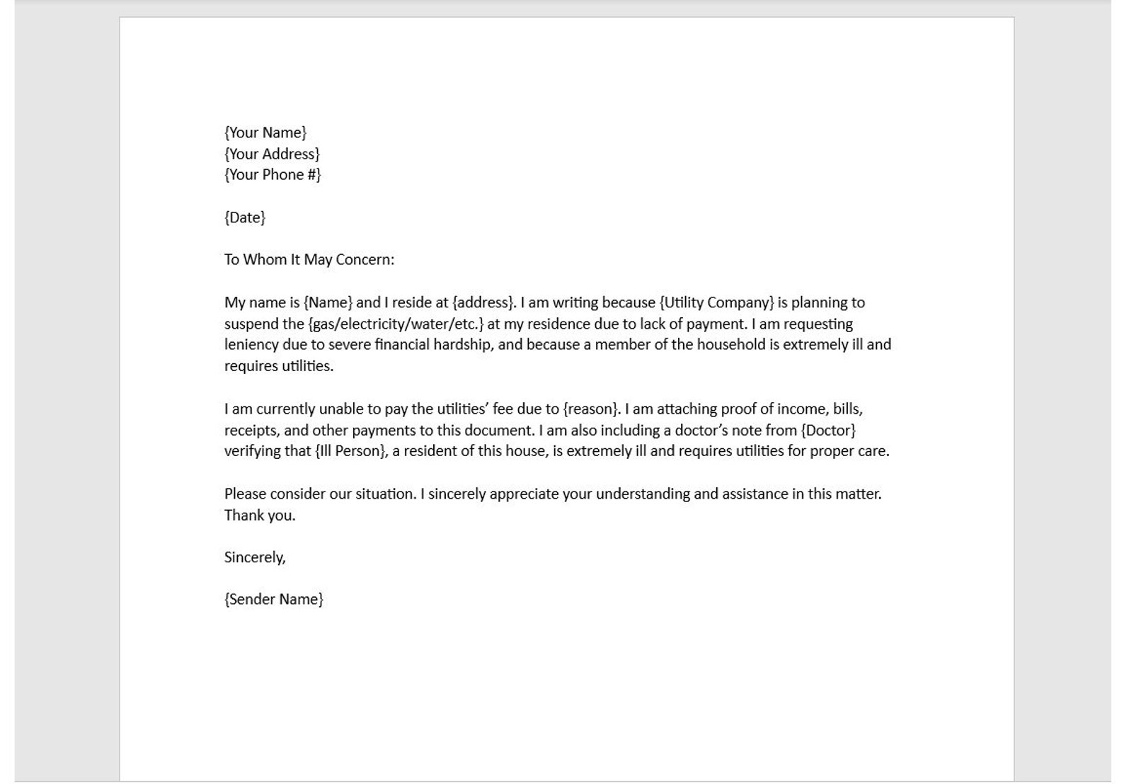 Hardship Letter to Utility Company, Hardship Letter to Utility Company ...