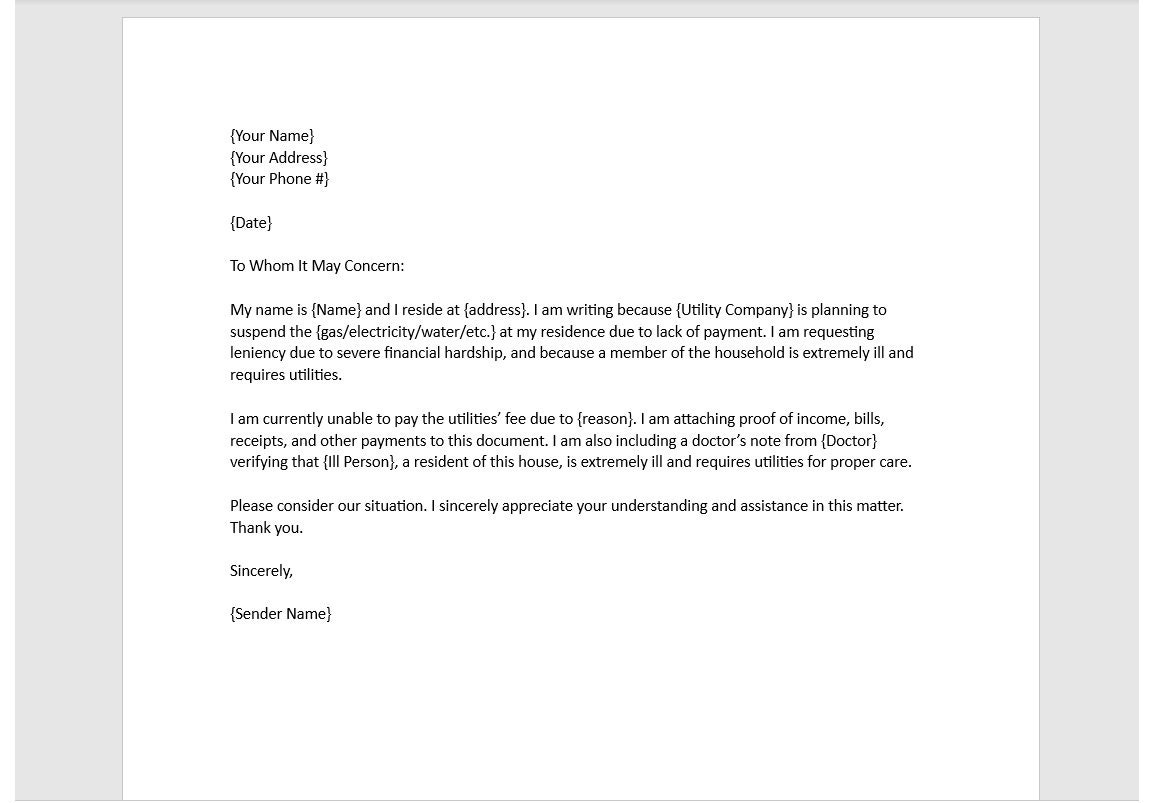 Hardship Letter to Utility Company, Hardship Letter to Utility Company ...