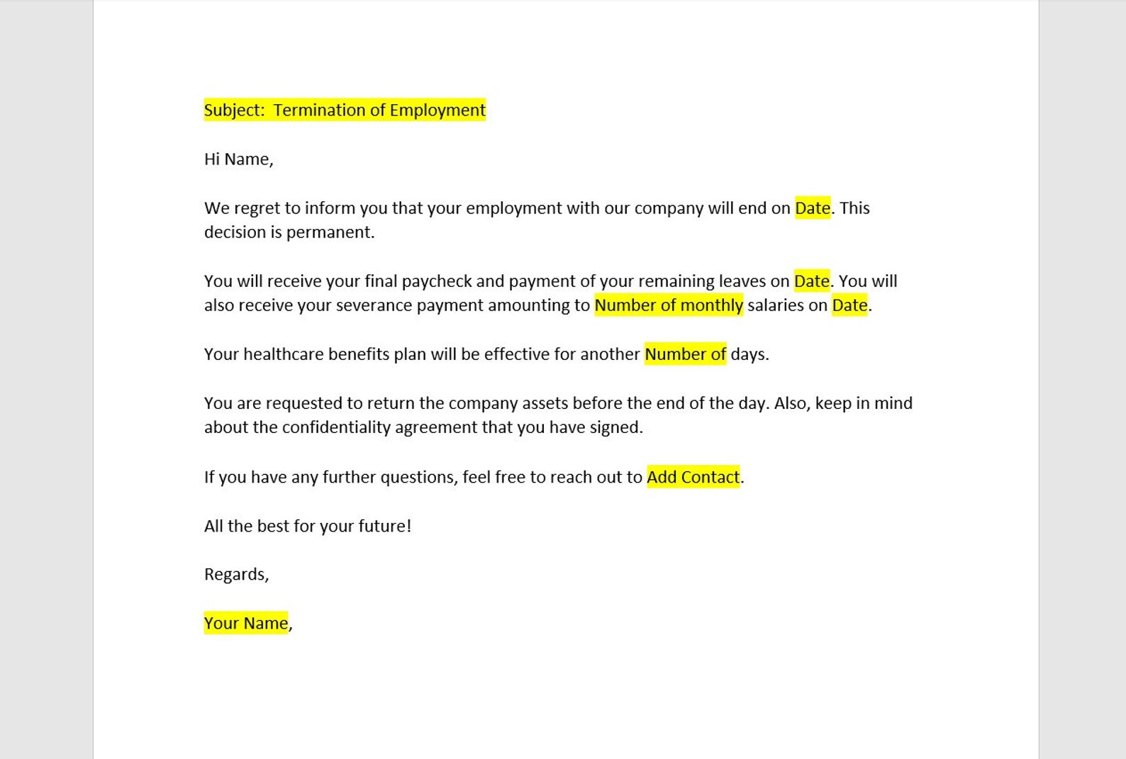Termination Email Template, Termination Email, Termination Template ...