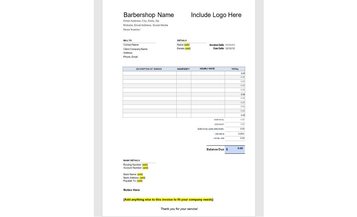 Editable Barber Invoice Template, Barbershop Invoice Template, Word ...
