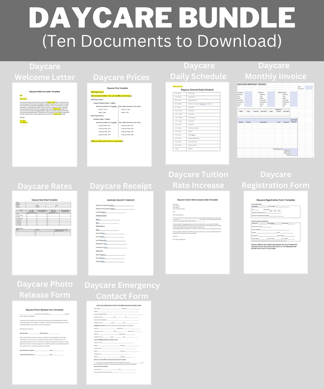 Set of 10 Daycare Template Bundle, Daycare Forms Bundle, Childcare ...