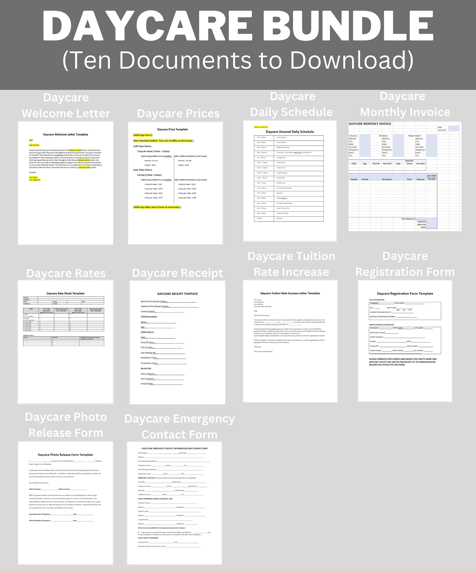 Set of 10 Daycare Template Bundle, Daycare Forms Bundle, Childcare ...