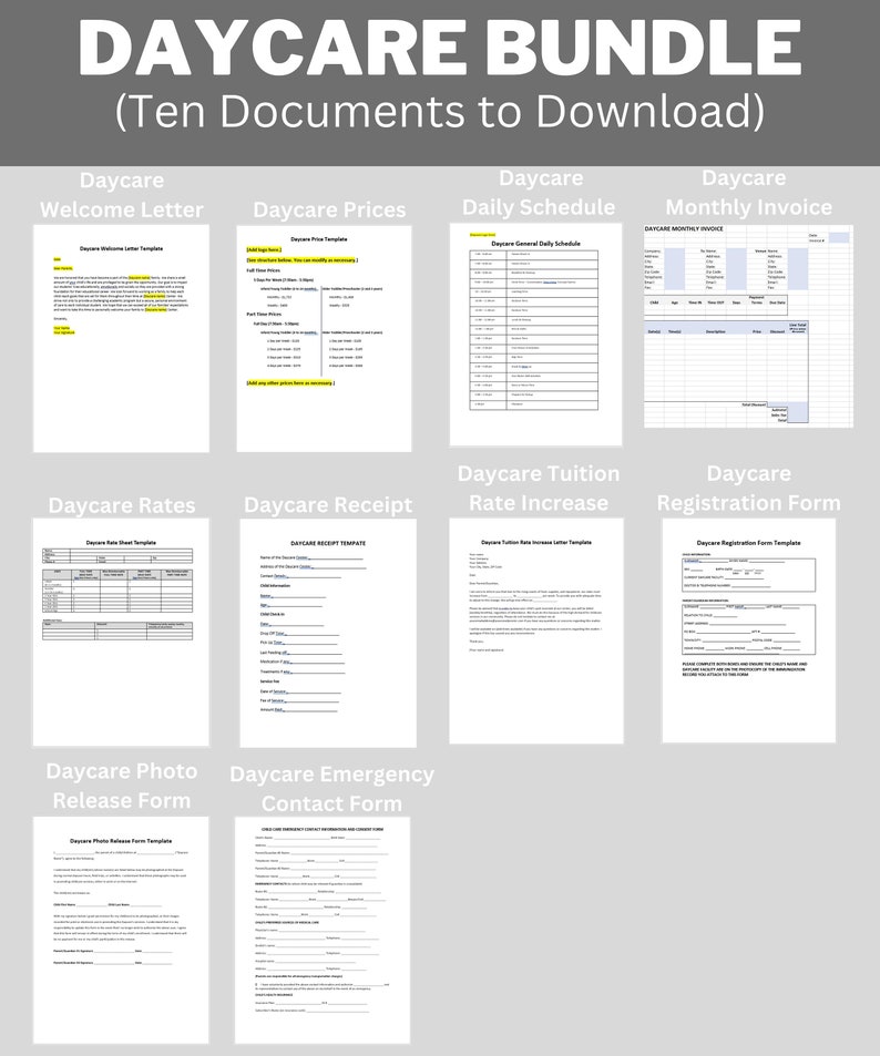 Set of 10 Daycare Template Bundle Daycare Forms Bundle - Etsy