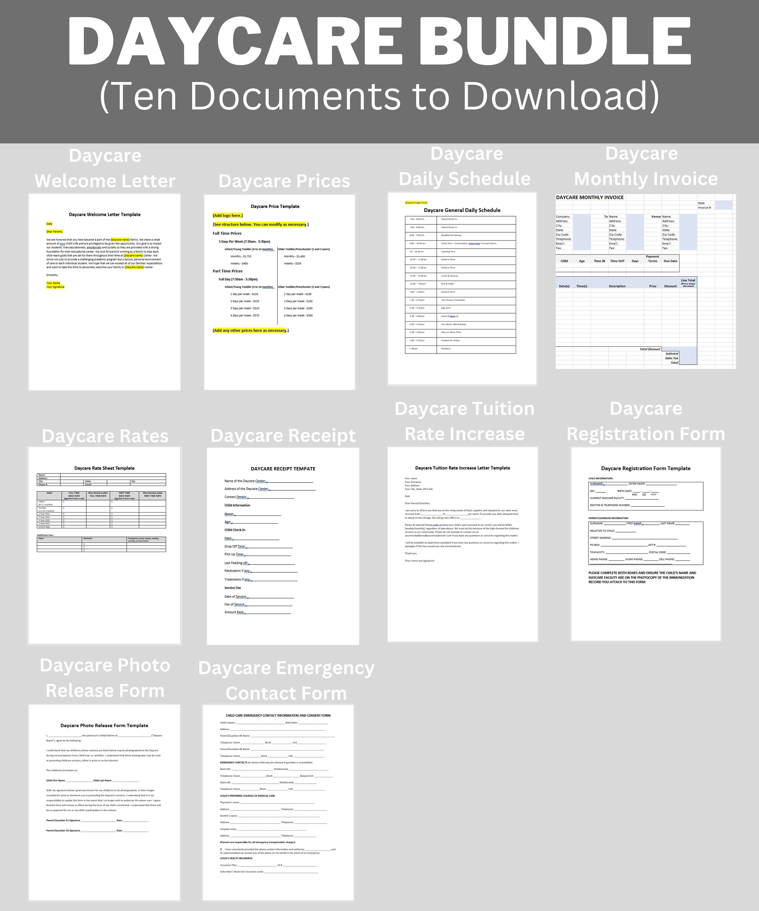 Set of 10 Daycare Template Bundle, Daycare Forms Bundle, Childcare ...