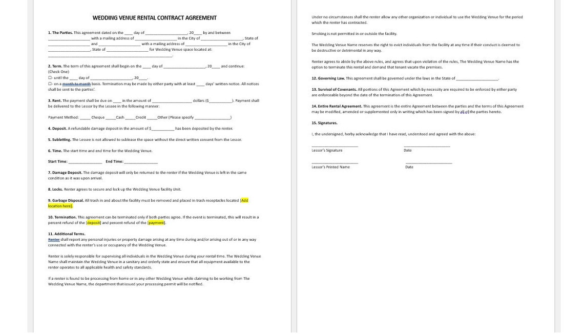 Wedding Venue Rental Agreement, Wedding Venue Rental Rental Agreement ...