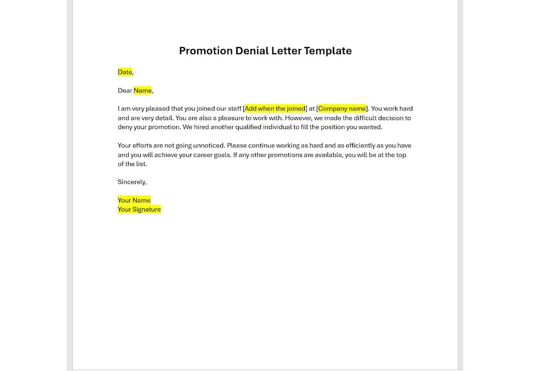 Promotion Denial Letter Template, Promotion Letter, Promotion Denial ...