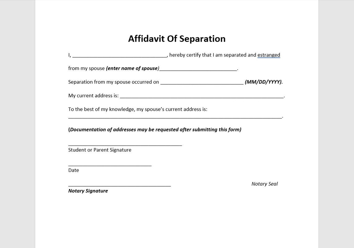 Affidavit of Separation Letter, Affidavit of Separation Template ...