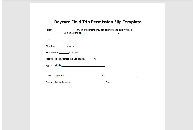 Editable Daycare Field Trip Permission, Daycare Field Trip Permission ...