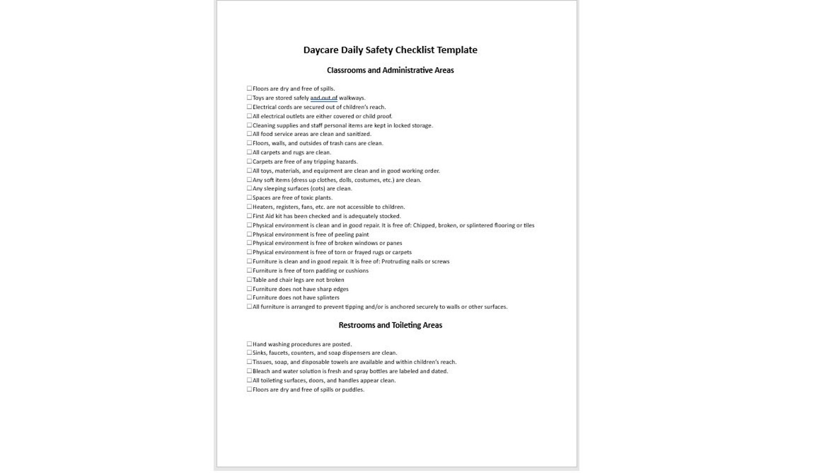 Editable, Daycare Safety Checklist Template, Daycare Checklist, Daily Checklist Template ...