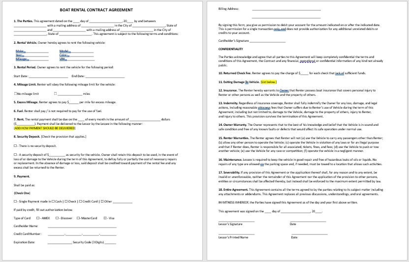 Boat Rental Contract Agreement, Boat Rental Contract Template, Boat ...