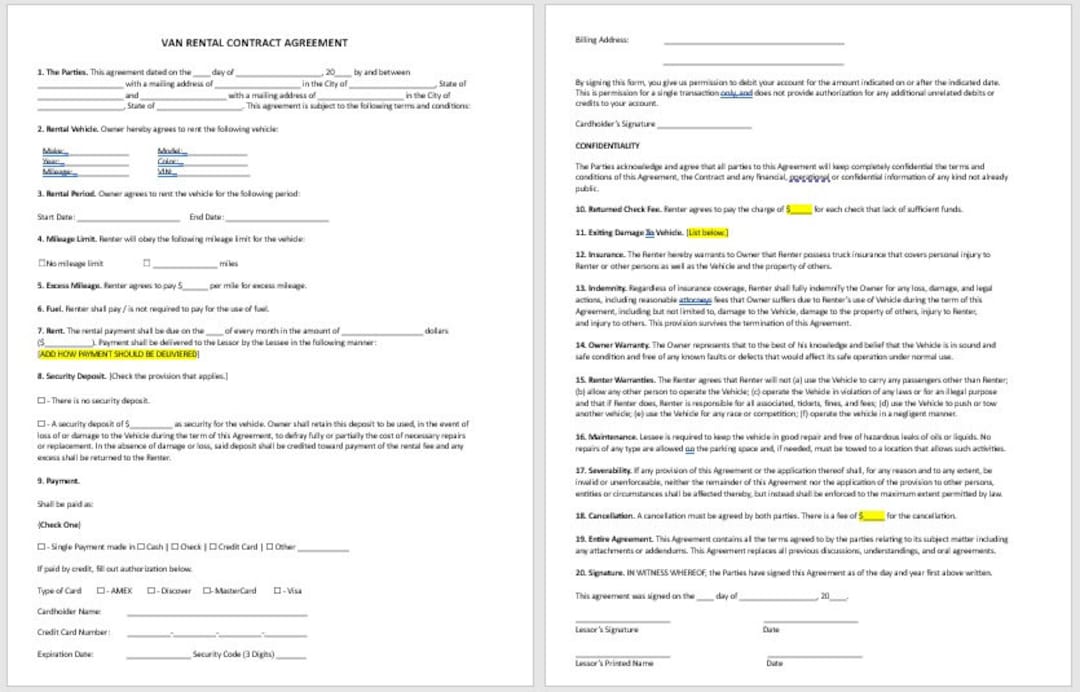Van Rental Contract Agreement, Van Rental Contract Template, Van Rental ...