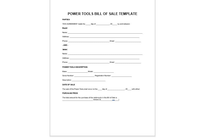 Editable Power Tools Bill of Sale Template, Editable Bill of Sale, Bill ...