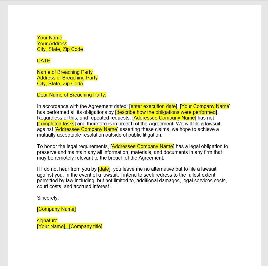 Breach of Contract Letter Template, Breach of Contract Letter, Breach ...