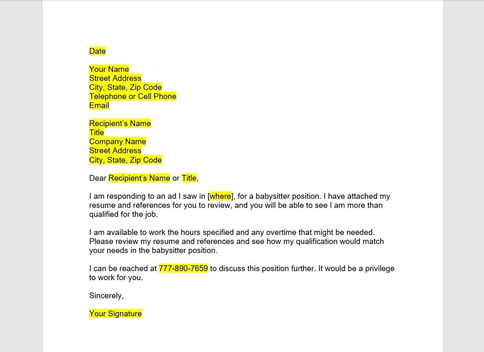 Babysitter Cover Letter, Cover Letter Word Template, Editable Cover ...