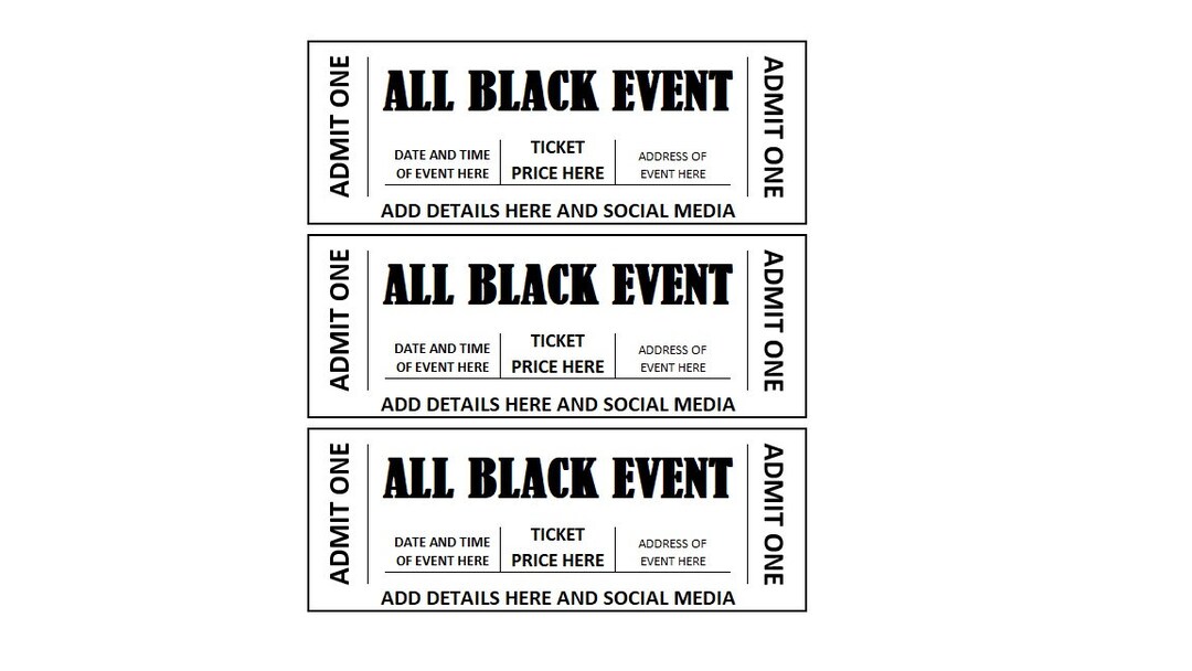 Editable All Black Event Ticket, All Black Ticket Printables, Editable ...
