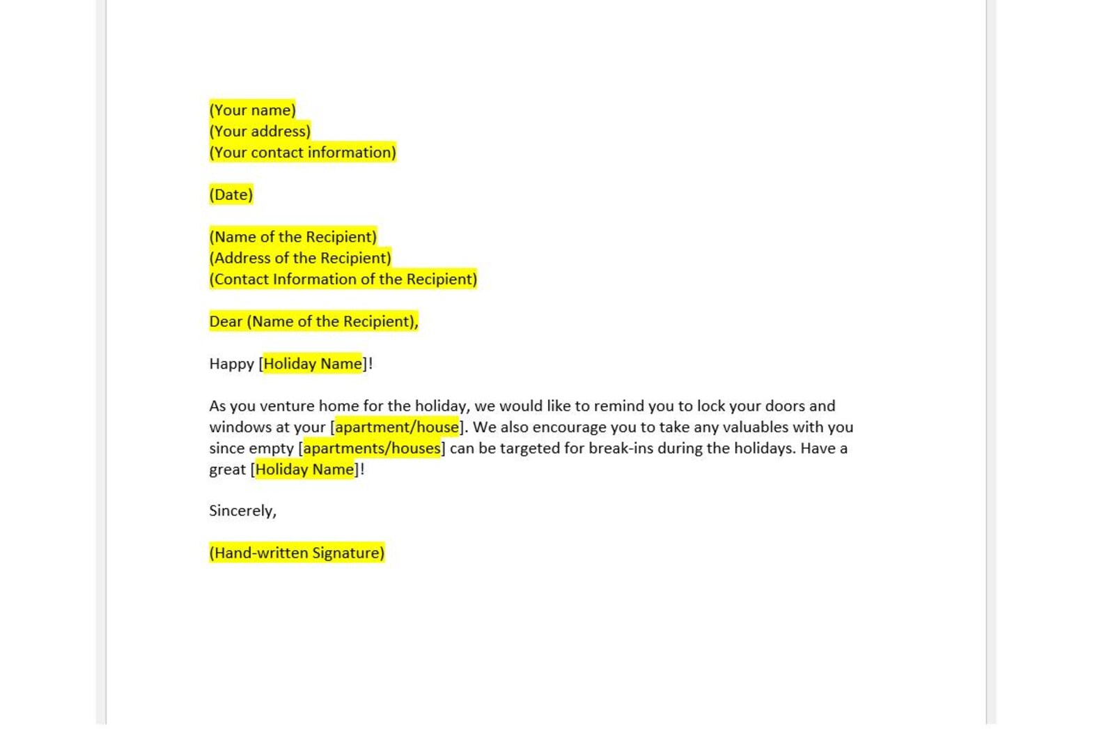 Holiday Break Letter to Tenant Template, Holiday Break Letter, Holiday ...