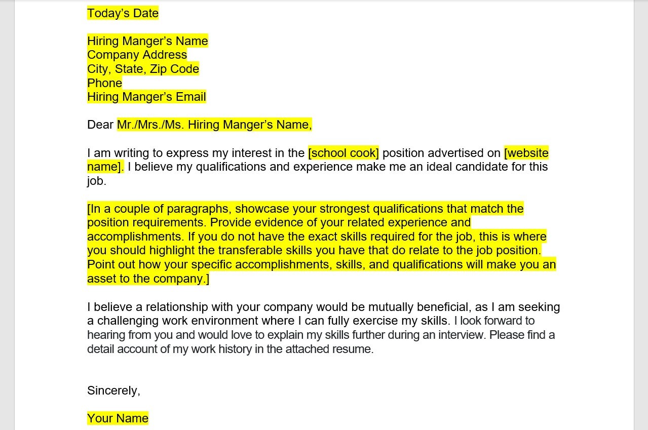 School Cook Cover Letter, Cover Letter Template, Editable Cover Letter ...