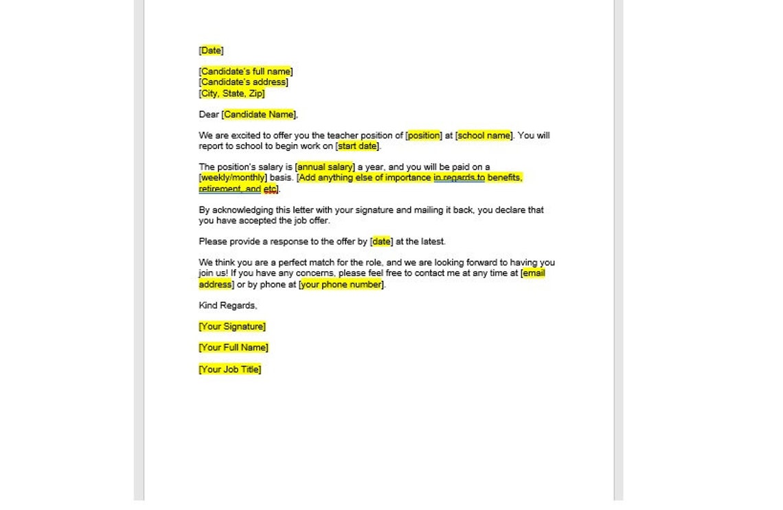 Teacher Job Offer Letter Template, Teacher Job Offer Letter, Teacher ...