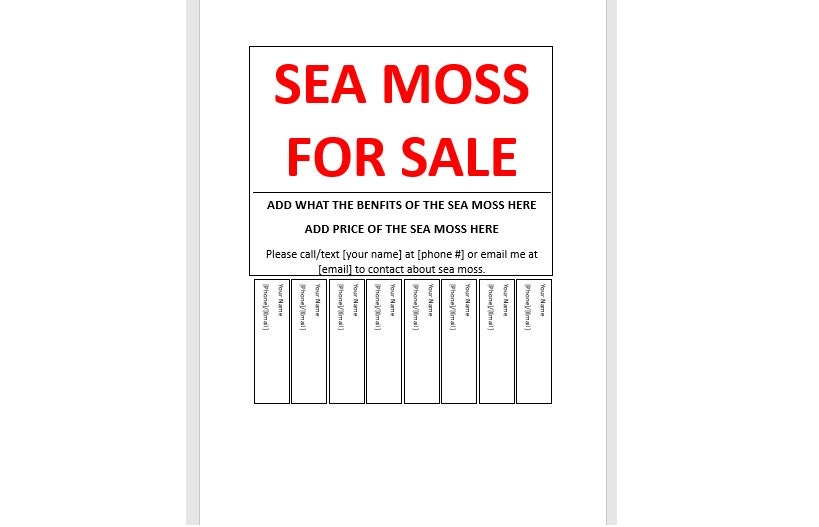 Editable Sea Moss Sale Tear-off Flyer, Tear-off Flyer Template, for ...
