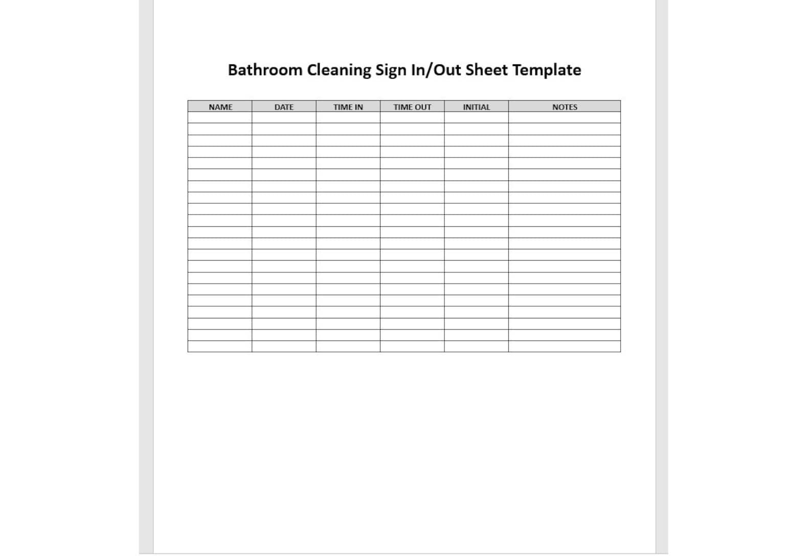 Bathroom Cleaning Sign in Out Sheet, Sign in Out Sheet Template, Sign ...