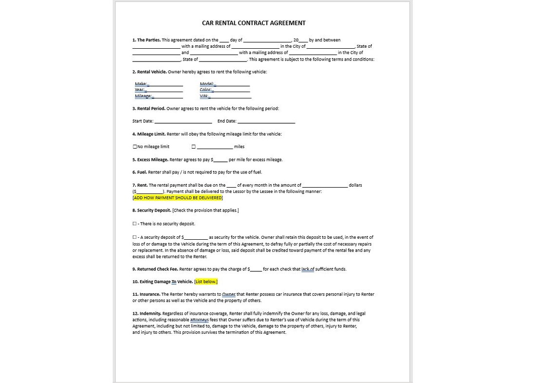 Car Rental Contract Agreement, Car Rental Contract Template, Car Rental ...