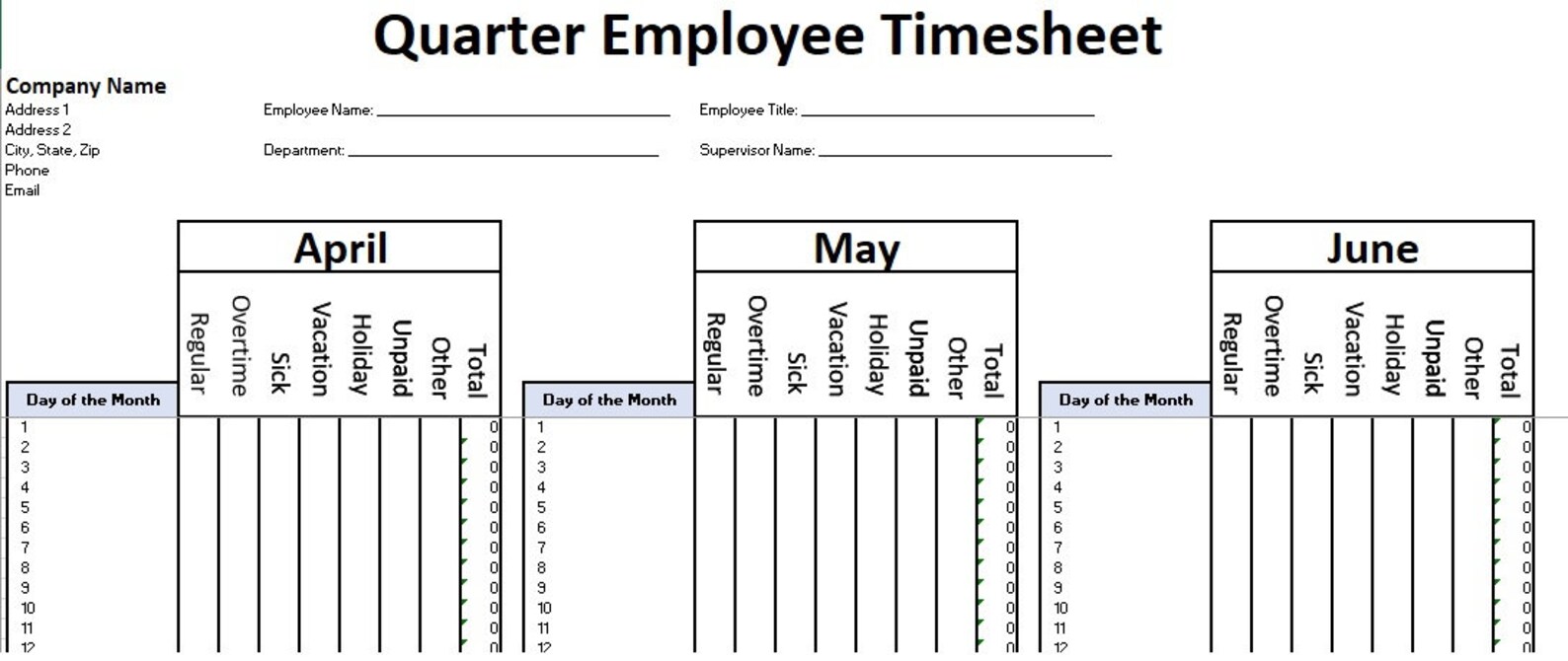 Editable Quarter Employee Timesheet, Quarter Employee Timesheet ...