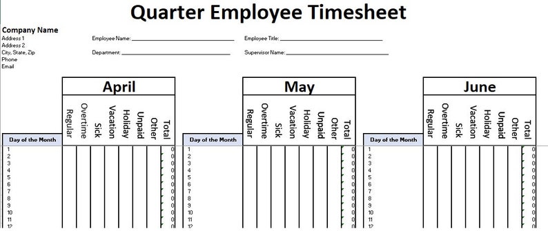 Editable Quarter Employee Timesheet, Quarter Employee Timesheet ...