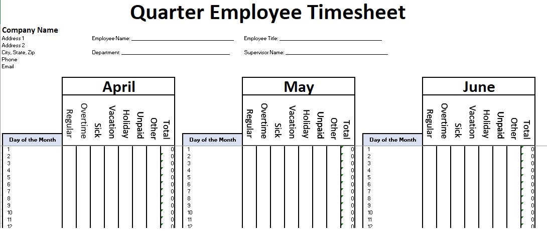 Editable Quarter Employee Timesheet, Quarter Employee Timesheet ...