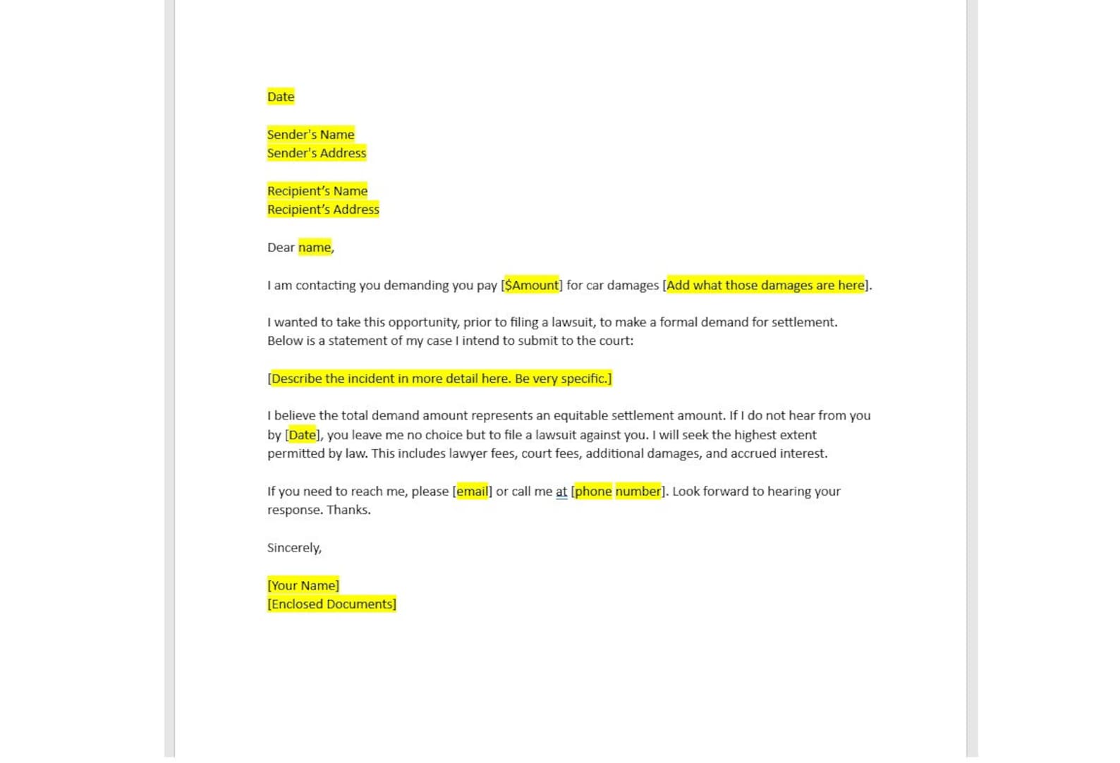 Vehicle Damage Demand Letter to Mechanic Shop Template, Editable ...
