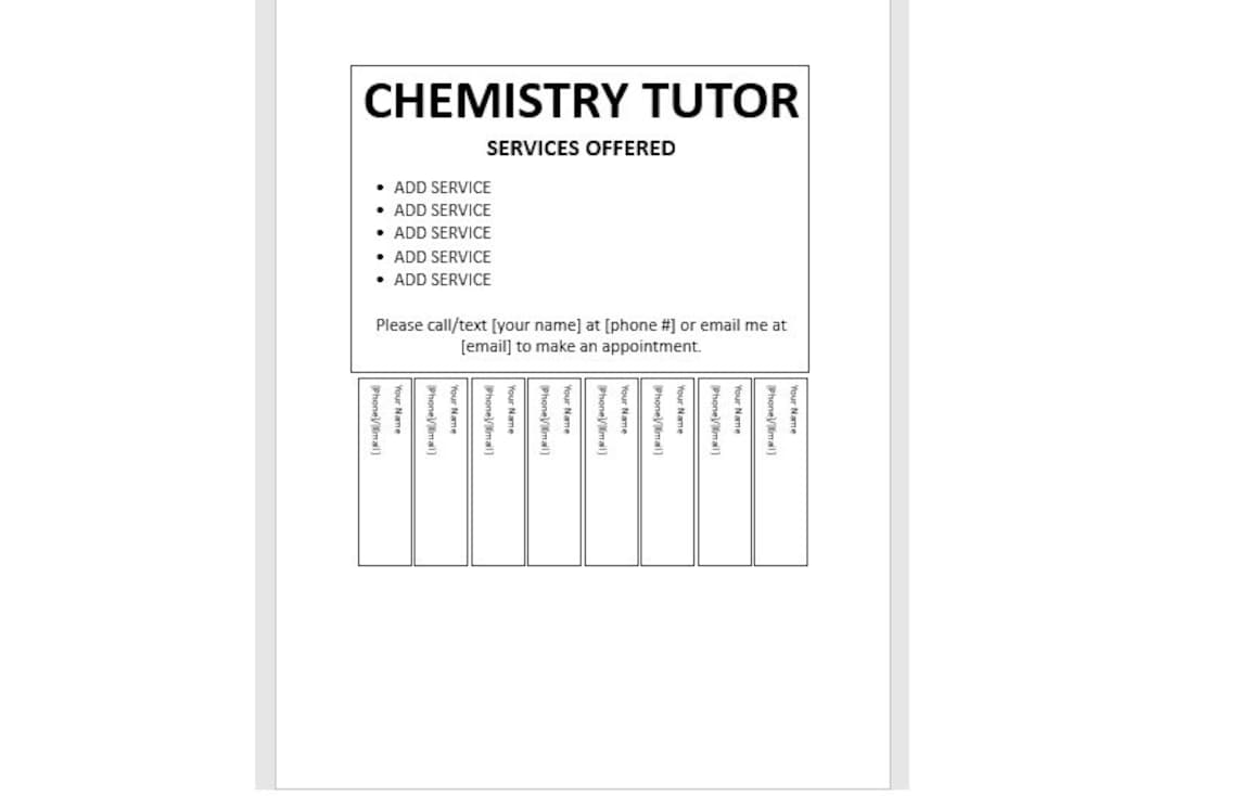 Editable Chemistry Tutor Tear-off Flyer, Tear-off Flyer Template, Tutor ...