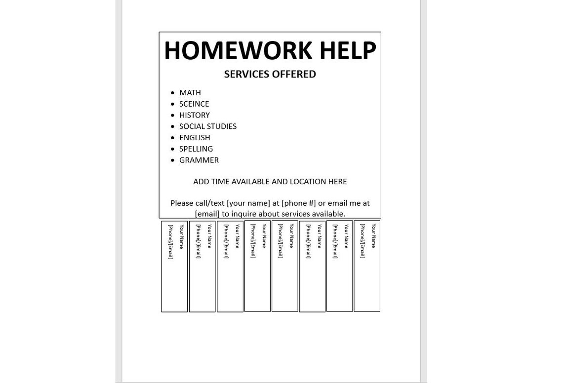 Editable Homework Help Tear-off Flyer, Tear-off Flyer Template ...