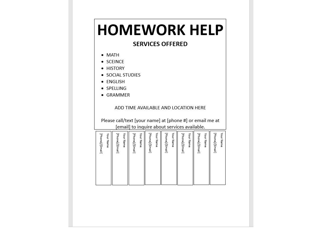 Editable Homework Help Tear-off Flyer, Tear-off Flyer Template ...