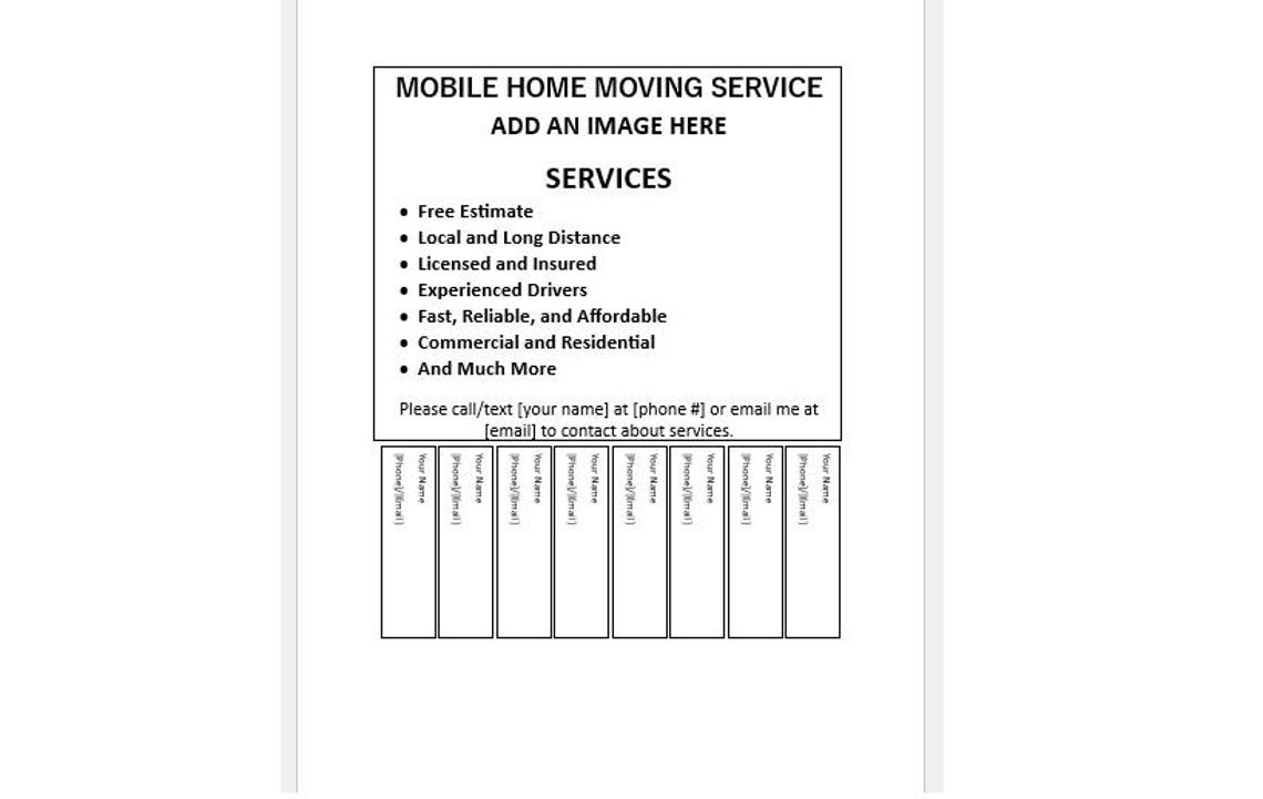 Editable Mobile Home Moving Service Tear-off Flyer, Mobile Home Moving ...