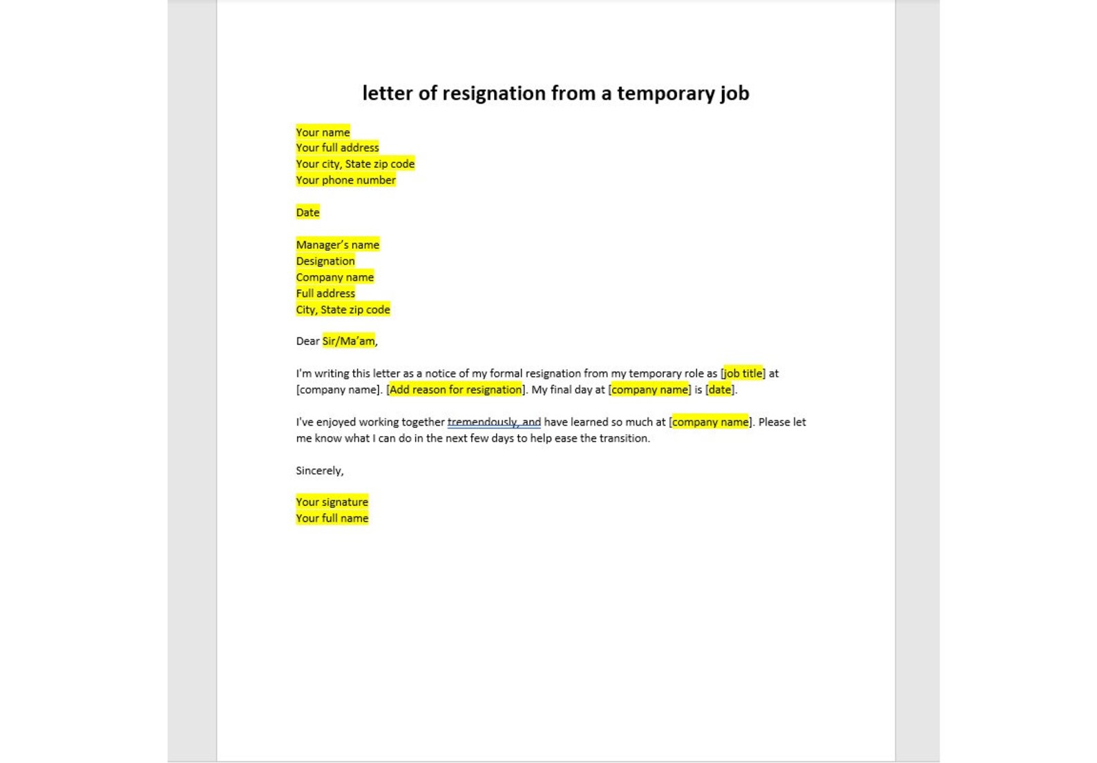 Editable Temporary Job Resignation Letter Template, Resignation Letter ...