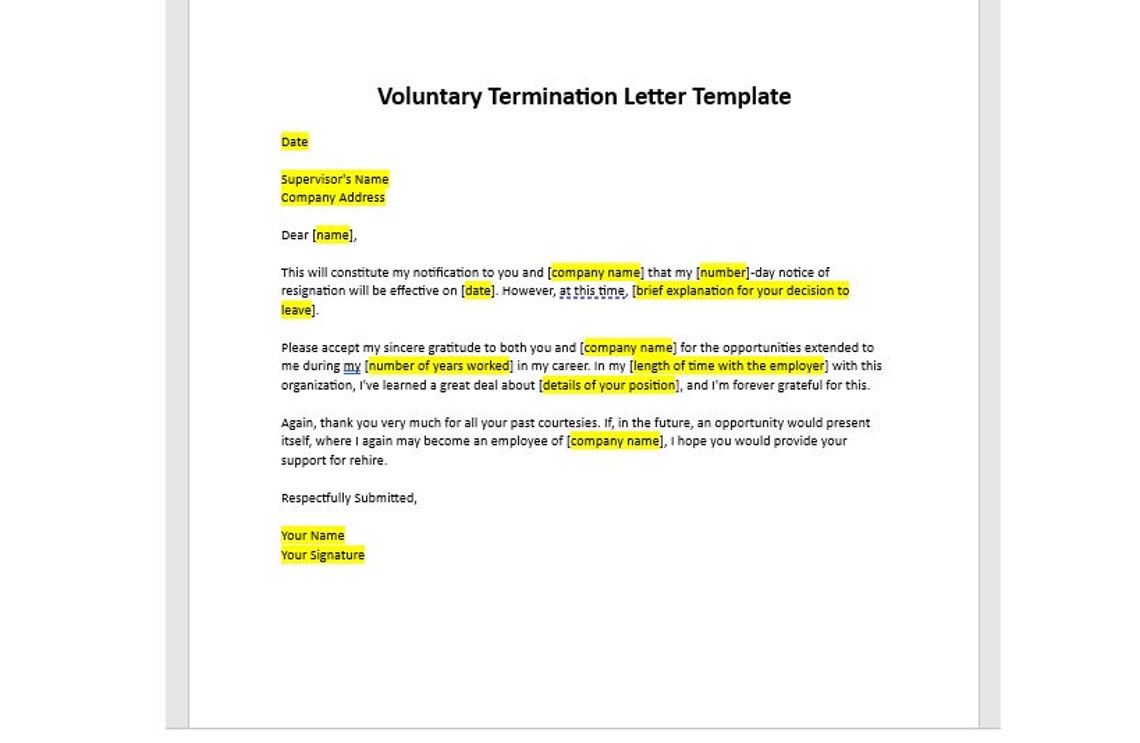 Voluntary Termination Letter Template, Resignation Letter, Resignation ...