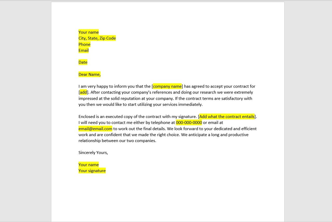 Contract Acceptance Letter, Contract Acceptance Letter Template ...