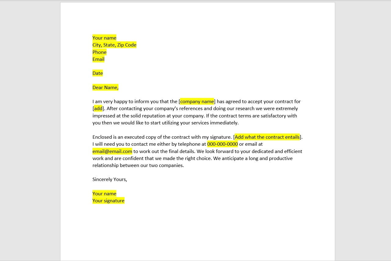 Contract Acceptance Letter, Contract Acceptance Letter Template ...