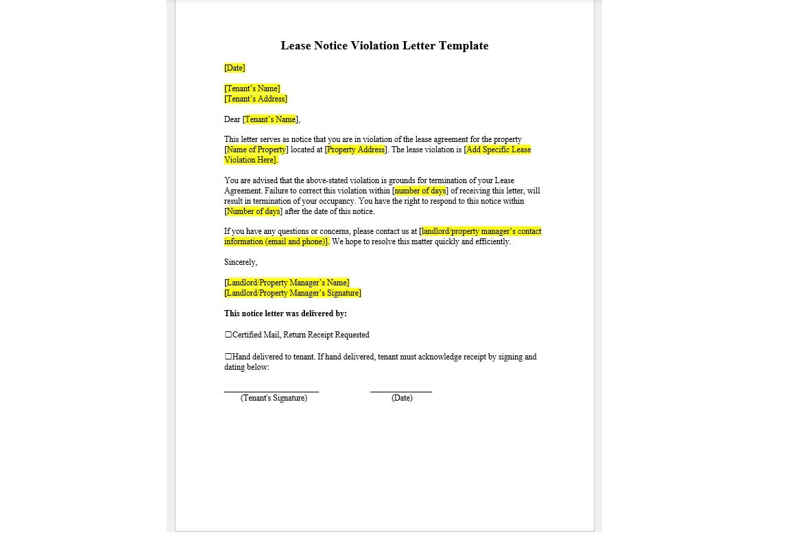 Editable Letter for Rental Lease Violation Template, Rental Lease ...