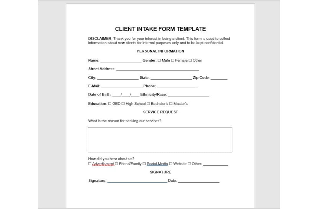 Editable Client Intake Form, New Client Intake Form Template, Intake ...
