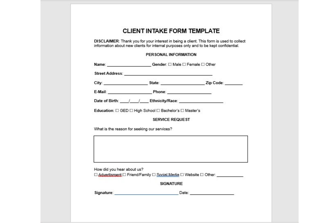 Editable Client Intake Form, New Client Intake Form Template, Intake ...