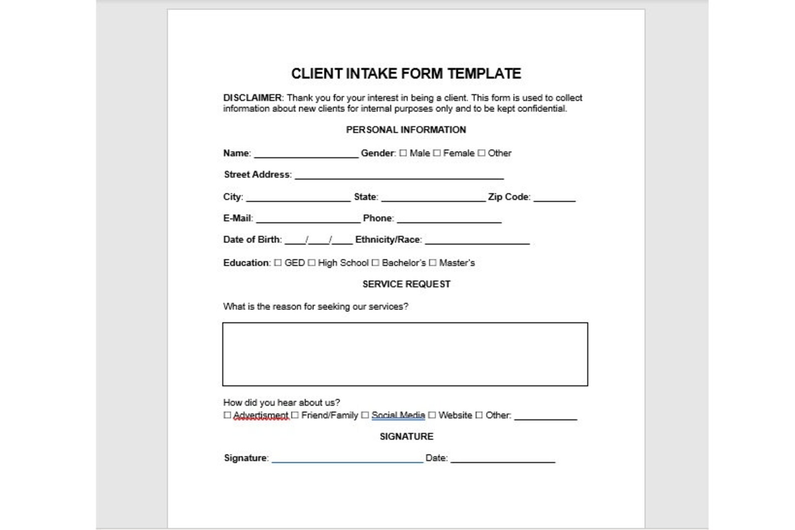 Editable Client Intake Form, New Client Intake Form Template, Intake ...