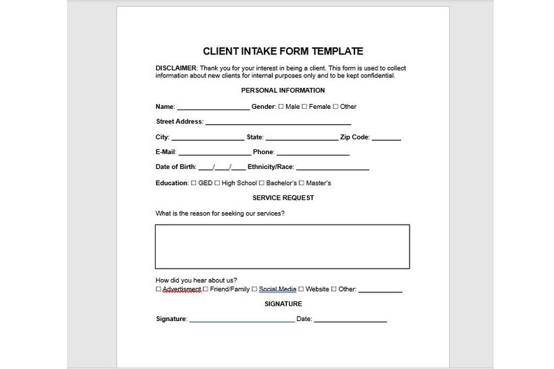 Editable Client Intake Form, New Client Intake Form Template, Intake ...